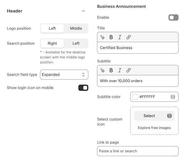 Header section in Theme settings – Swissuplabs